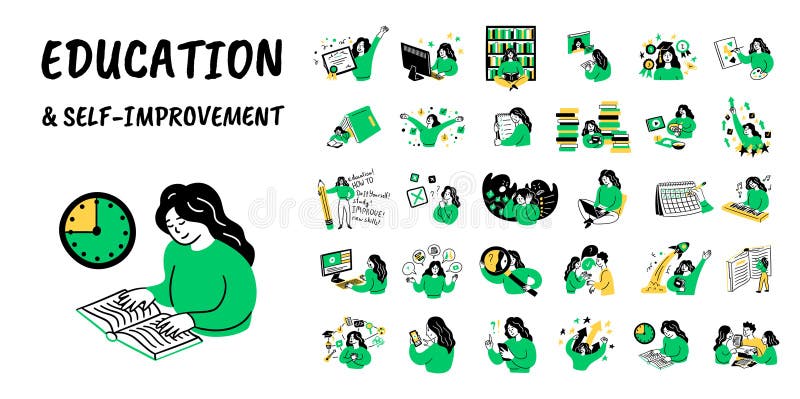 Cartoon Color Educational and Self-Development Concept Set. Vector ...