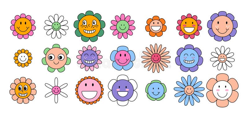 Cartoon Color Groovy Flower Characters Daisy Set. Vector Stock Vector ...