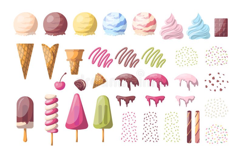 Cartoon Color Ice Cream Constructor Different Element Set. Vector Stock ...