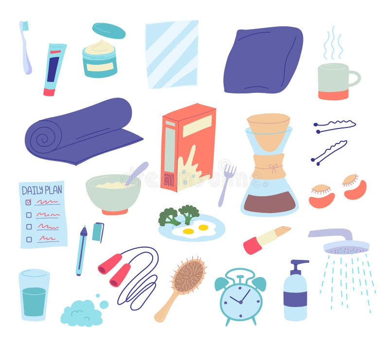 Cartoon Color Morning Routine Elements Icons Set. Vector Stock Vector ...