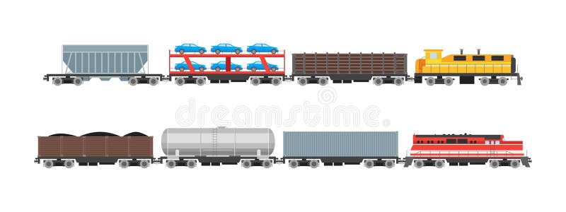 Cartoon Color Railroad Engine with Wagons Set. Vector Stock ...