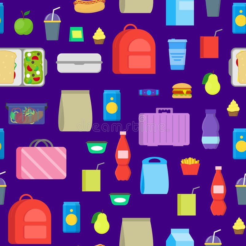 Cartoon Color School Lunch Food Boxes Seamless Pattern Background ...