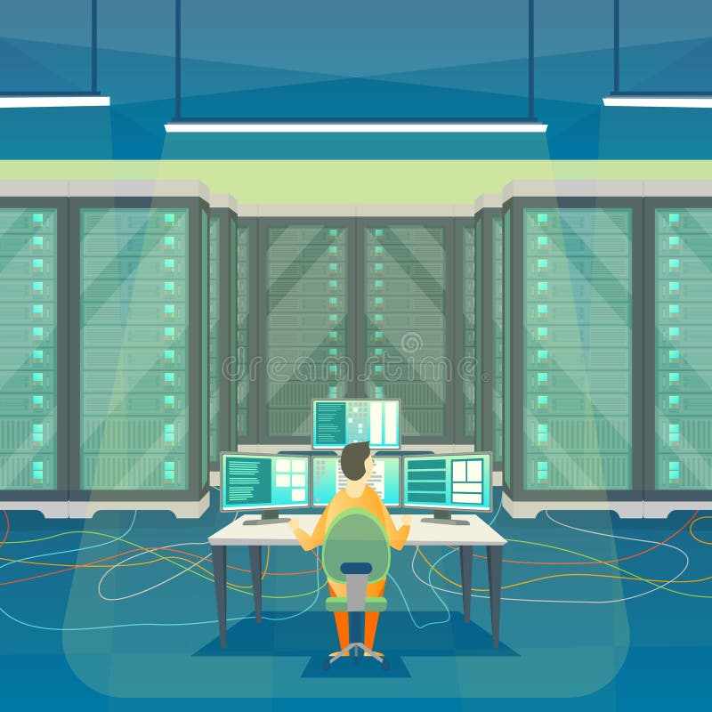 Cartoon Color Server Room Inside Interior And Admin. Vector Stock ...