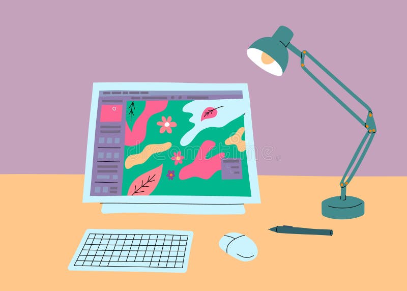 Cartoon Color Table with Graphic Tablet. Vector Stock Illustration ...