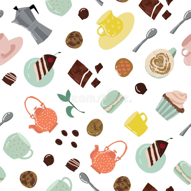 Cartoon Color Tea and Sweets Seamless Pattern Background. Vector Stock ...