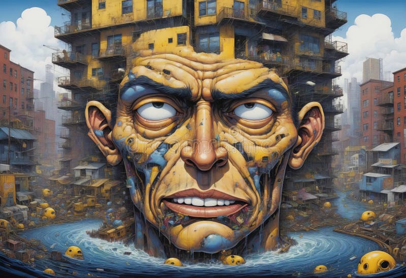 Cartoon with a Colorful Face Surrounded by a City Stock Illustration ...