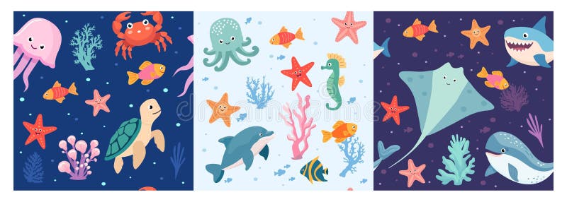 Cartoon Colorful Seamless Pattern with Sea Animals Stock Vector ...