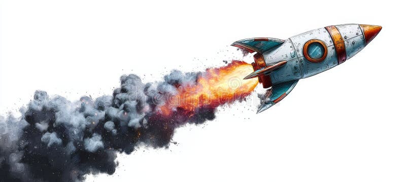 Cartoon Comic Vector Rocket Ship Launching with Jet, Fuel, and Steam ...