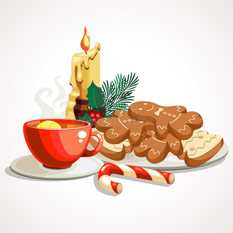 Cartoon Composition of Christmas Gingerbread and Cup of Tea Stock ...