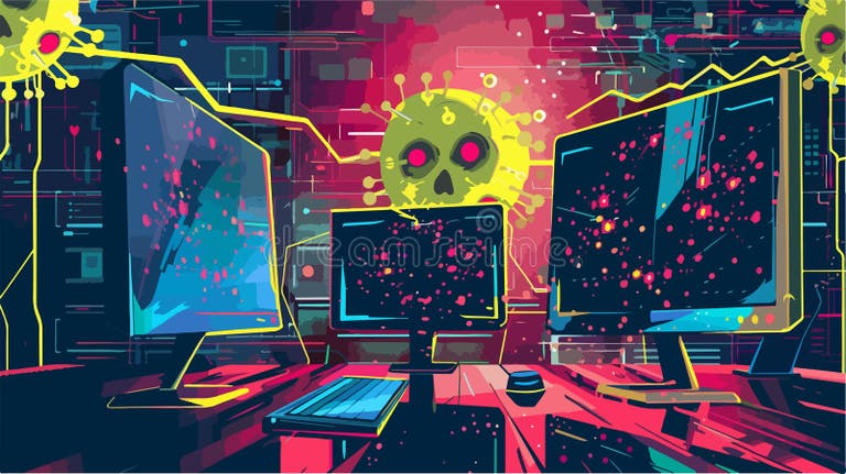 Cartoon Computer Network Attack Vector Illustration for Cybersecurity ...