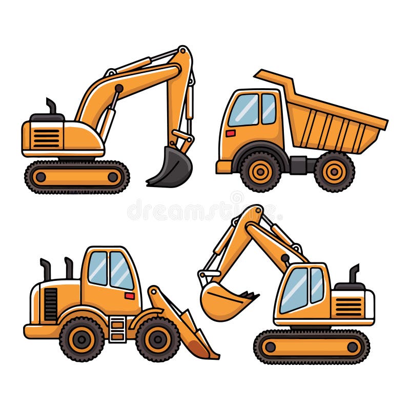 Cartoon Construction Vehicles Vector Set Digger, Dump Truck, Loader ...