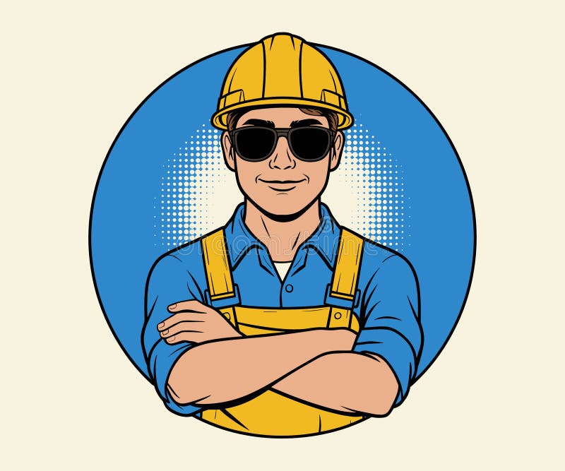 Cartoon Construction Worker in Circular Frame Vector Stock Vector ...