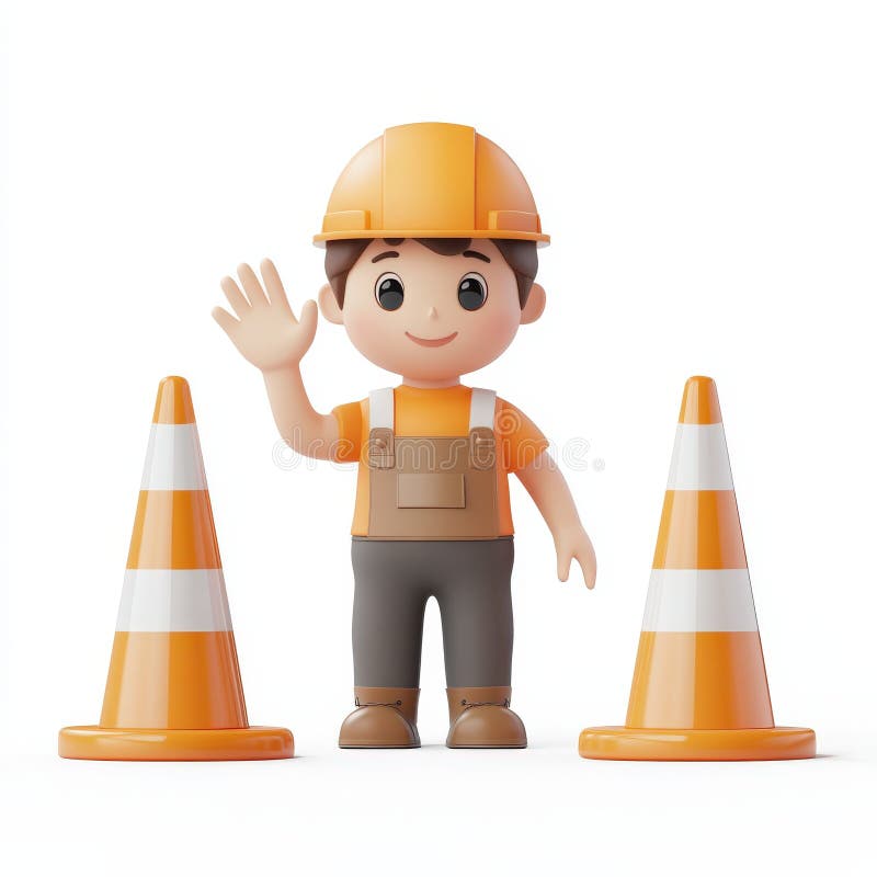 A Cartoon Construction Worker is in Front of Traffic Cones Stock Photo ...