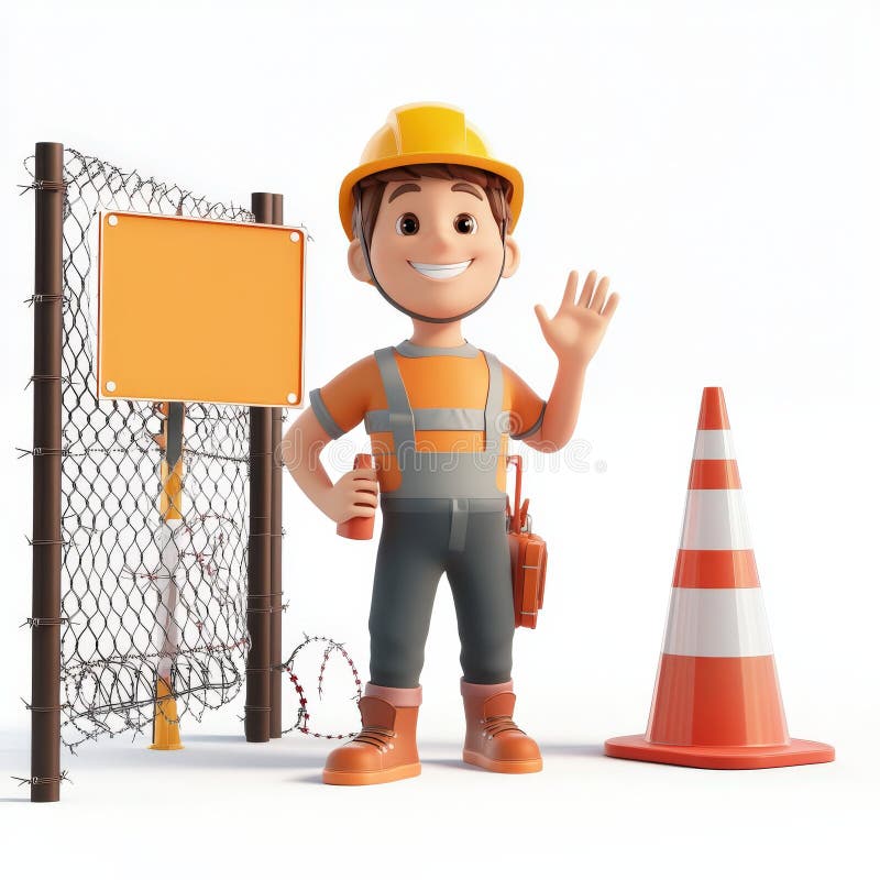 A Cartoon Construction Worker is in Front of Traffic Cones Stock Image ...
