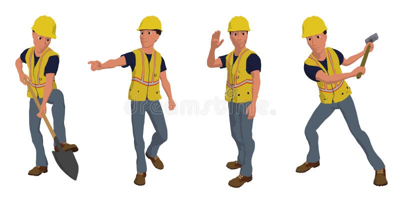 Construction Worker Hard Hat Yellow Bib Cartoon Many Positions Vector ...