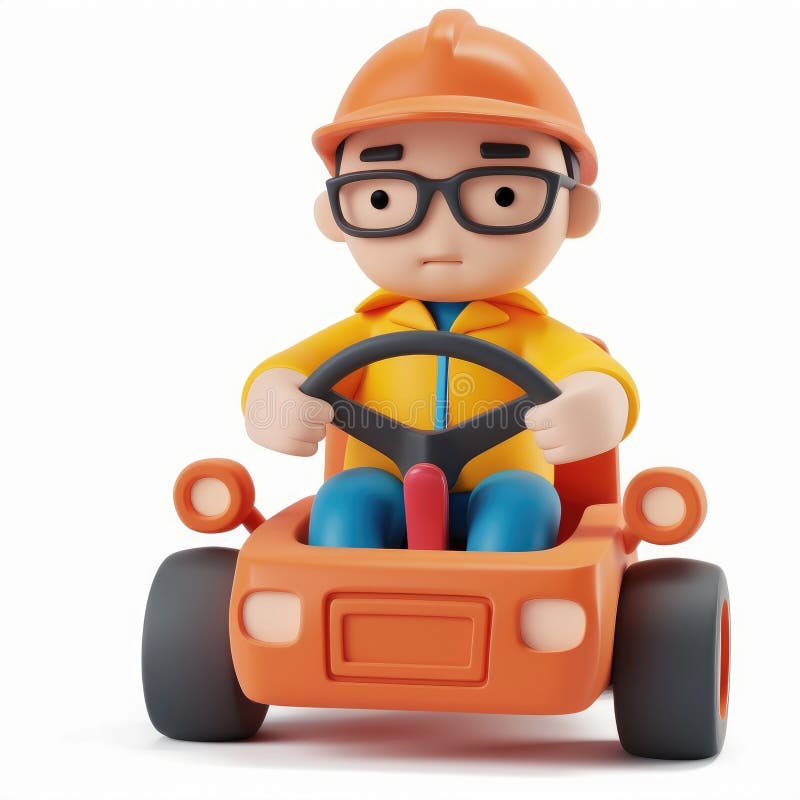 Adorable 3D Cartoon Engineer Driving an Orange Go-Kart Stock ...