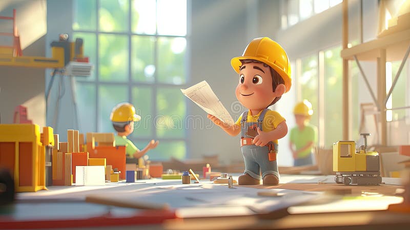 Cartoon Construction Worker Reviewing Plans in a Workshop Stock ...