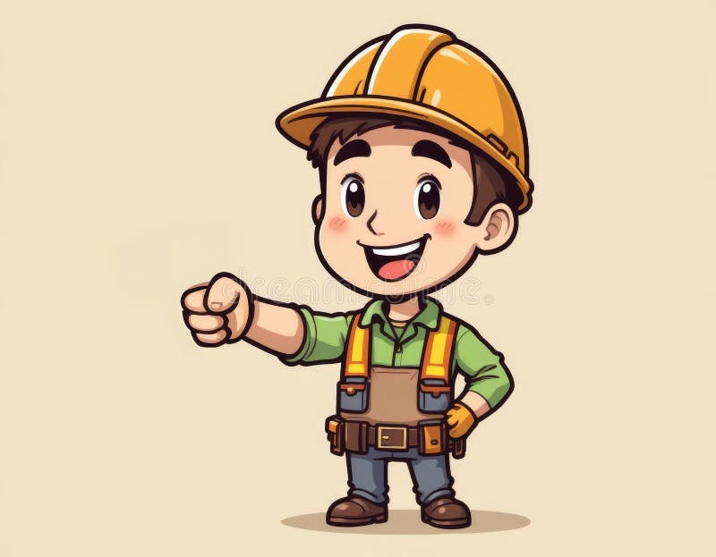 Cartoon Construction Worker Smiling and Pointing Forward with Positive ...
