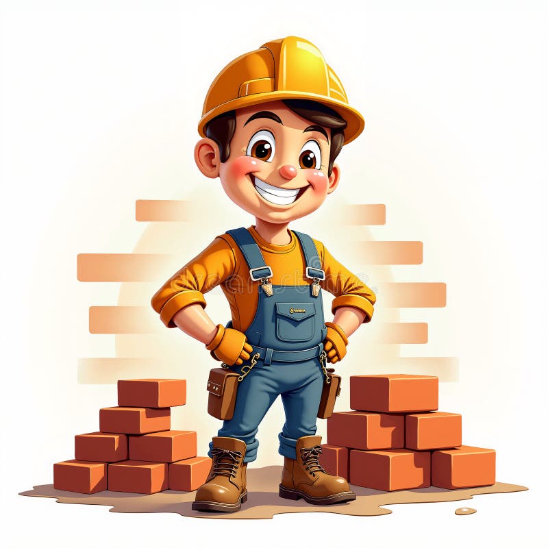 Cartoon Construction Worker Standing Next To a Pile of Bricks Stock ...