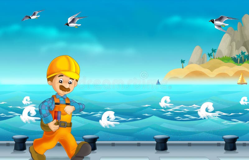 Cartoon Construction Worker Working in the Ship Dock Stock Illustration ...