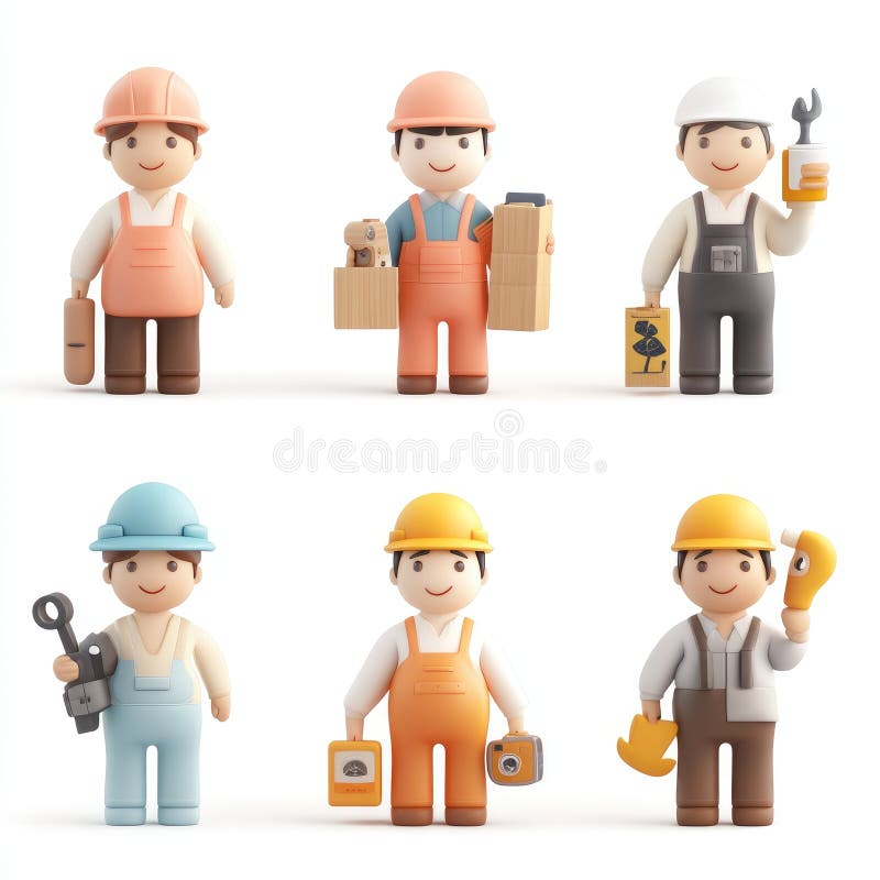 Adorable 3D Cartoon Worker Characters Set: Construction, Repair, and ...