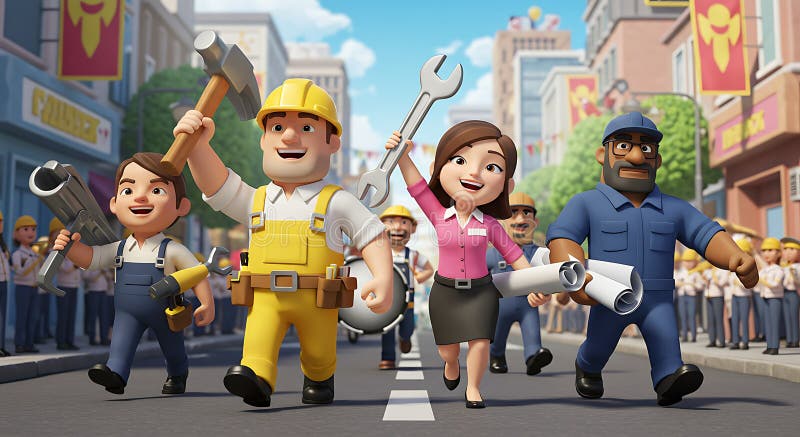 Cartoon Construction Workers Parade Celebrating with Tools in Sunny ...