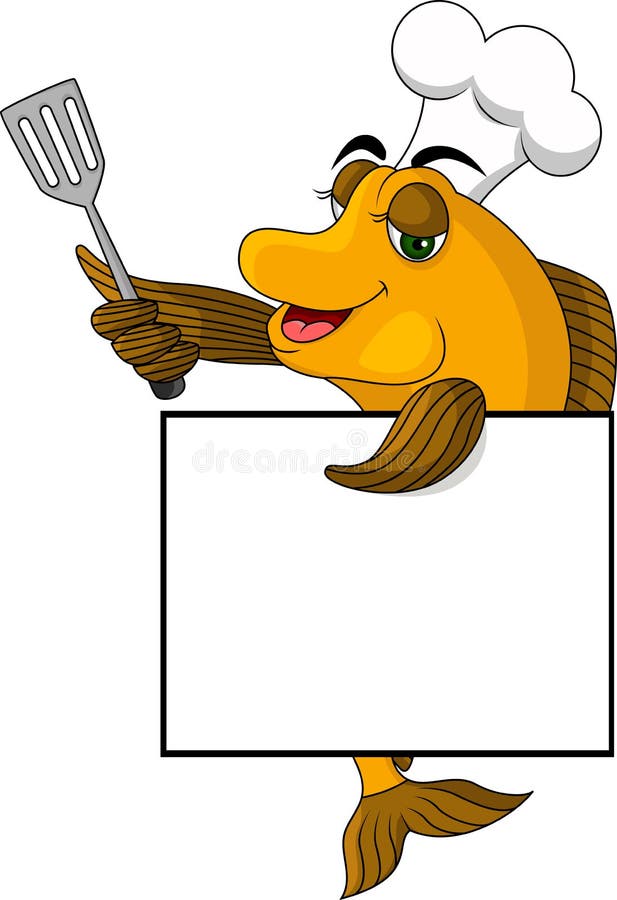 Cartoon Cook Fish with Blank Sign Stock Illustration - Illustration of ...