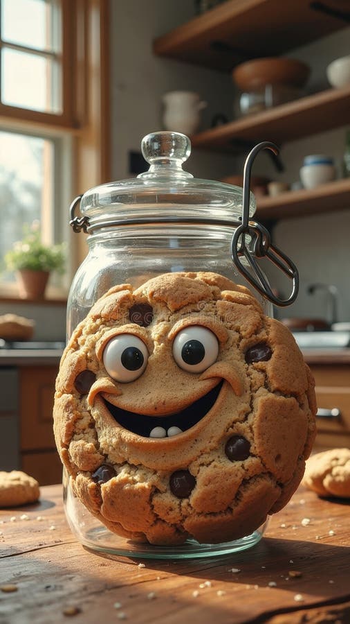 Cartoon Cookie Face in a Jar with Chocolate Chips in Cozy Kitchen Stock ...