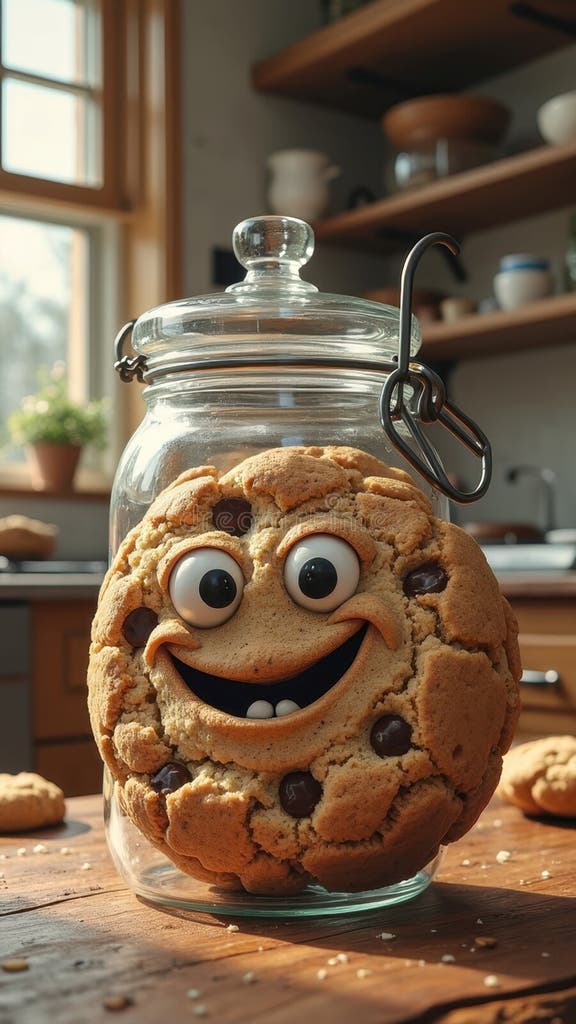 Cartoon Cookie Face in a Jar with Chocolate Chips in Cozy Kitchen Stock ...