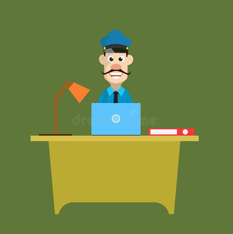 Cartoon Cop Policeman - Working on Laptop Stock Vector - Illustration ...