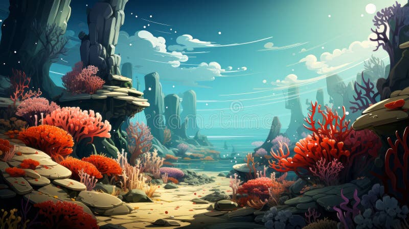 A Cartoon of a Coral Reef with Fish. Generative AI. Stock Illustration ...