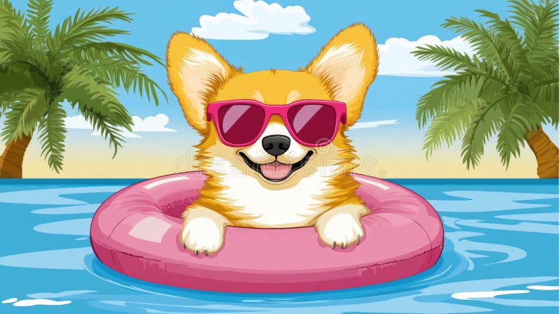 Cartoon Corgi Relaxing in Pool with Sunglasses Under Palm Trees Stock ...