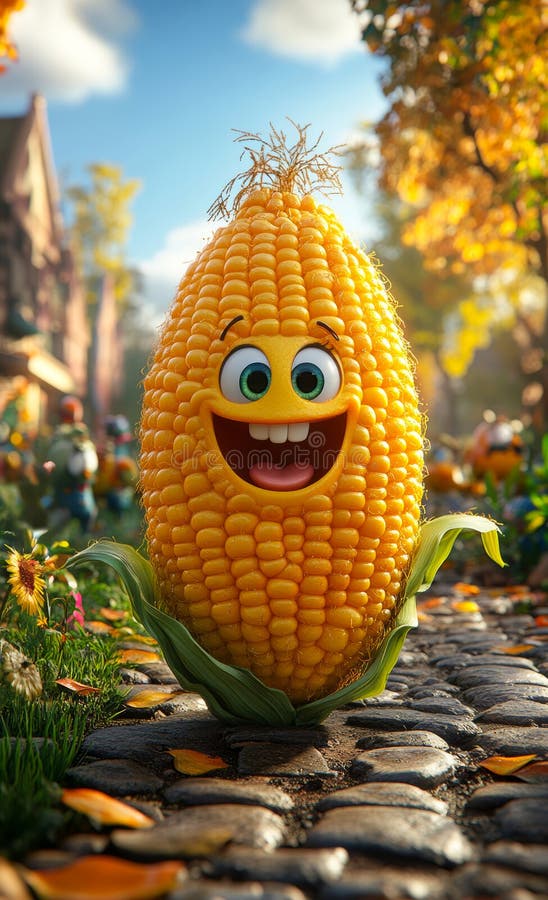 A Cartoon Corn is Smiling and Has a Yellow Face Stock Image - Image of ...