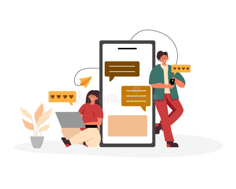 Cartoon Couple Chatting Using Different Devices Illustration Stock ...