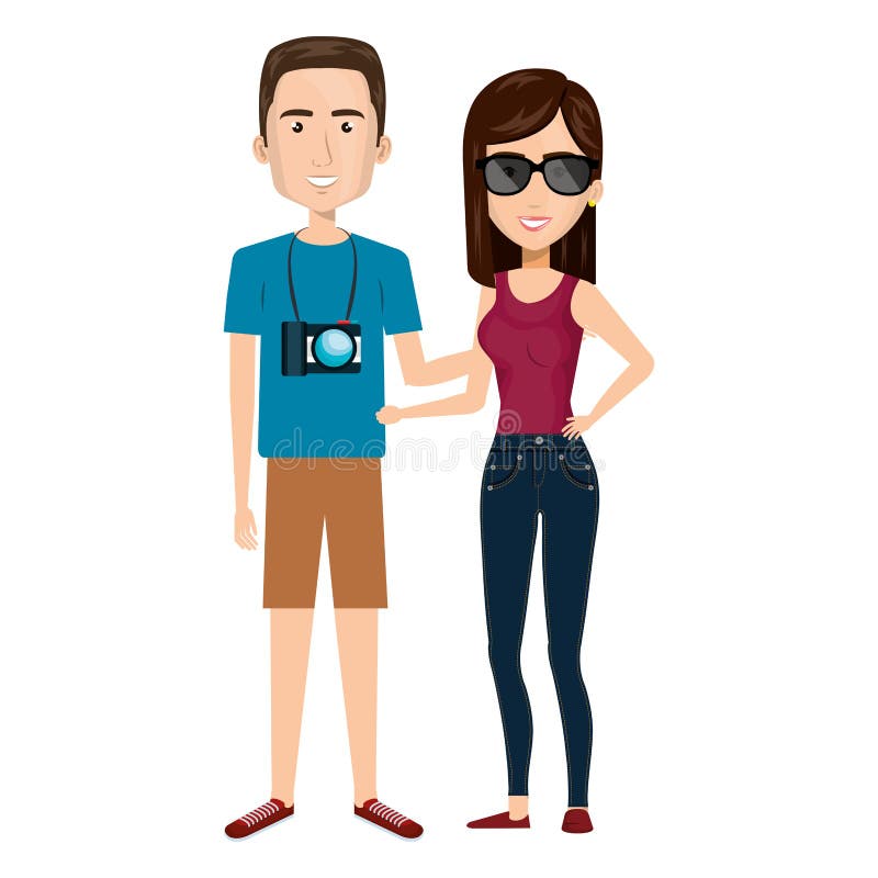 Cartoon Couple in Travel with Camera Stock Vector - Illustration of ...