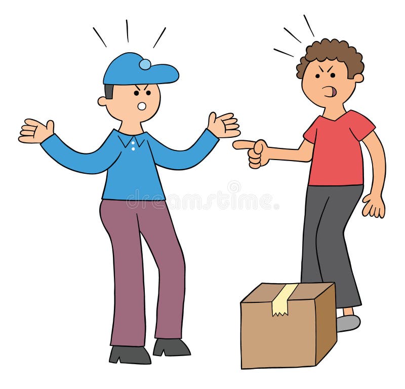 Cartoon Courier Discusses with Customer about Big Parcel, Vector ...
