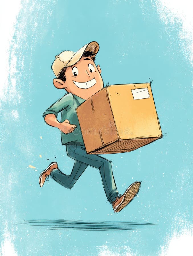 Cartoon Courier Joyfully Running with Oversized Delivery Box in a ...