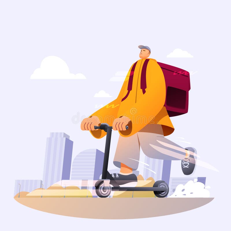 Cartoon Courier on Scooter Rides Around City Stock Illustration ...
