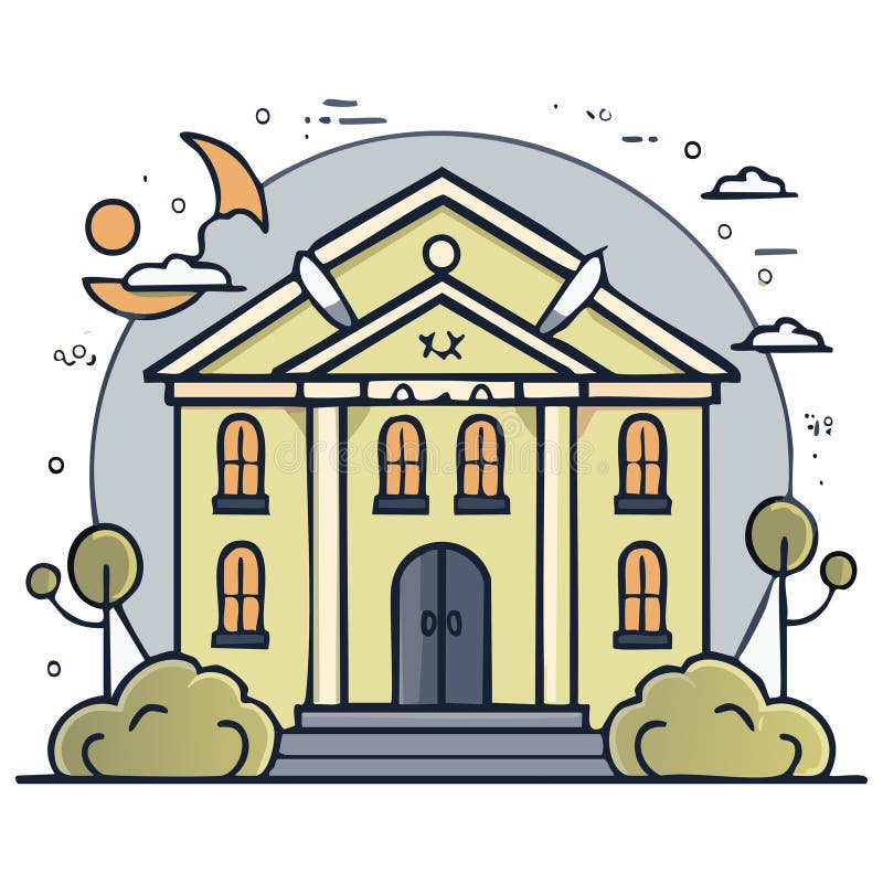 Cartoon Courthouse Illustration with Trees and Clouds on a Neutral ...