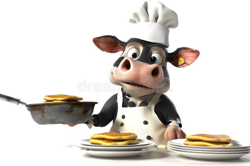 A Cartoon Cow Chef Serving Pancakes on Plates, Showcasing a Playful ...