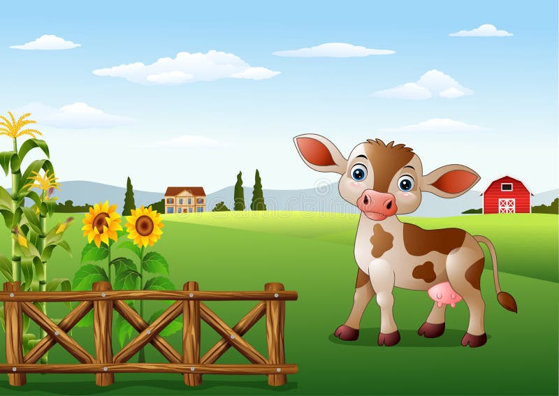 Cartoon Cow with Farm Landscape Stock Vector - Illustration of adorable ...