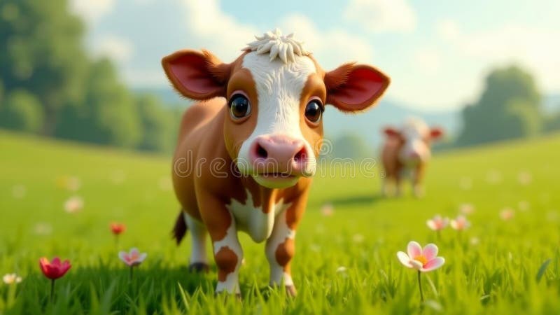 Cartoon Cow Grazing in a Field Stock Photo - Image of funny, calm ...