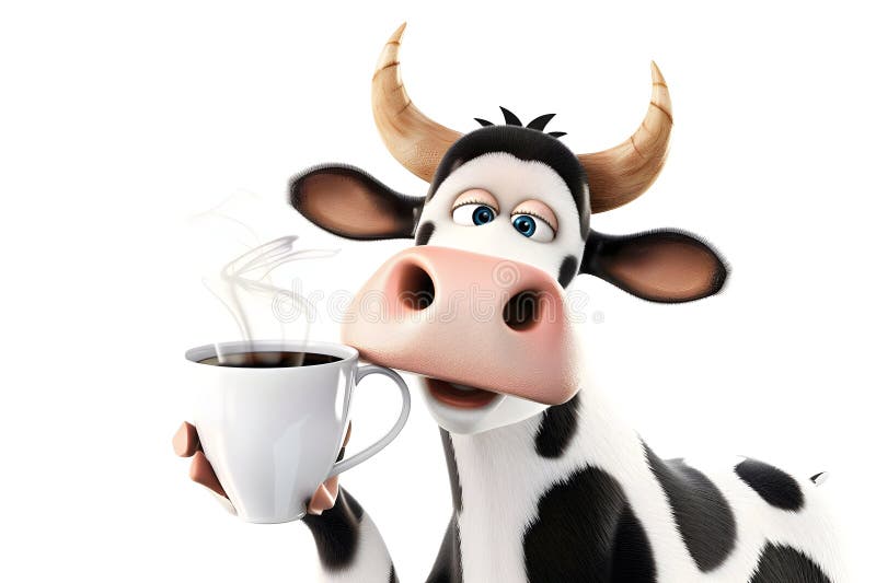 A Cartoon Cow Holding a Steaming Cup of Coffee, Looking Cheerful and ...