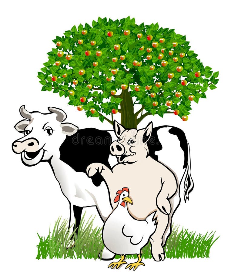 Cartoon of a Cow, Pig, Chicken, Standing Together Stock Vector ...