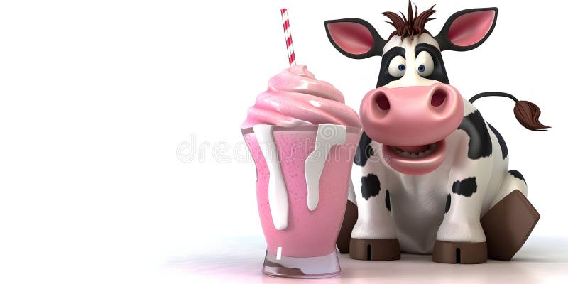 A Cartoon Cow beside a Pink Milkshake with a Straw, Creating a Playful ...