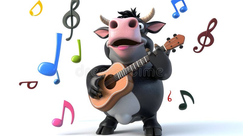 A Cartoon Cow Playing a Guitar Surrounded by Colorful Musical Notes ...
