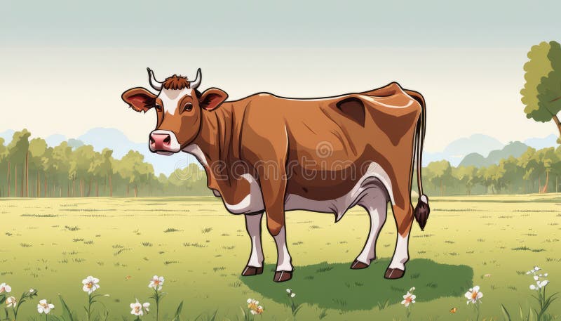 A Cartoon Cow Standing in a Field Stock Illustration - Illustration of ...