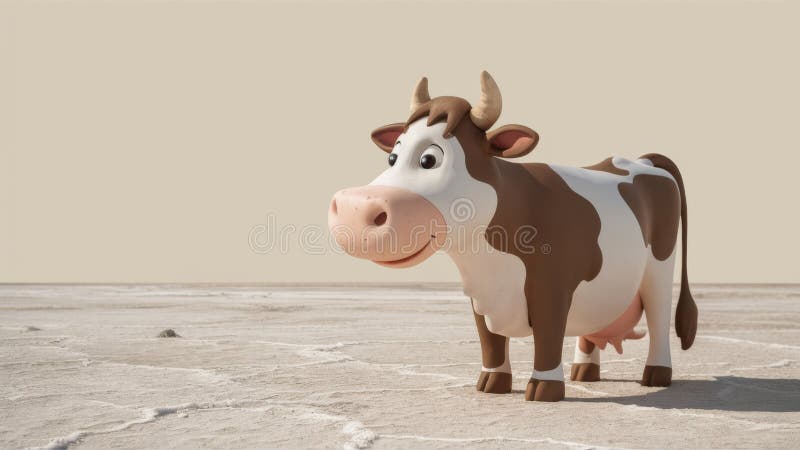 A Cartoon Cow Standing on a Sandy Beach with Its Horns Pointed, AI ...