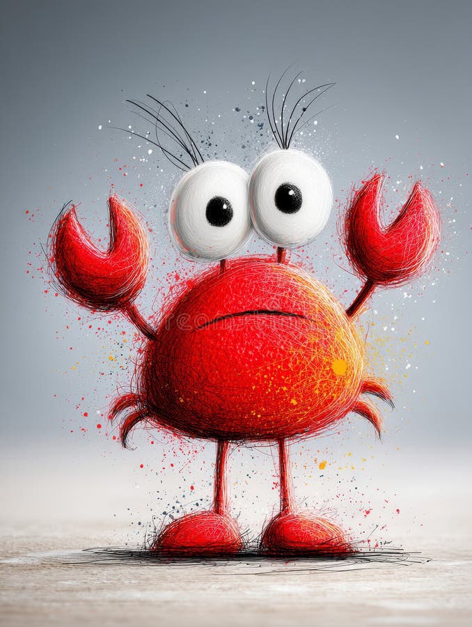 Cartoon Crab in Mid-jump, Red Scribbly Shell with Oversized Claws ...