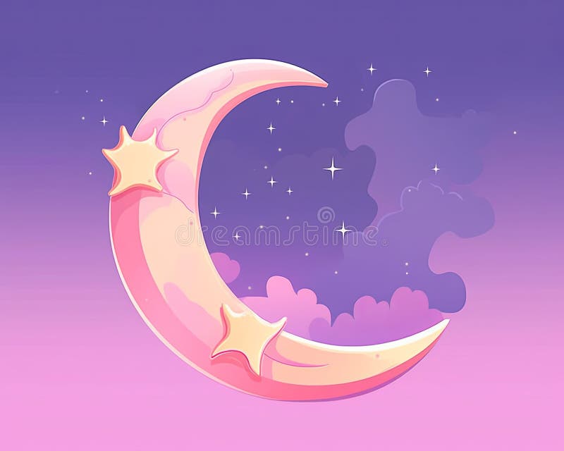 Cartoon Crescent Moon with Stars and Clouds in the Sky Stock ...